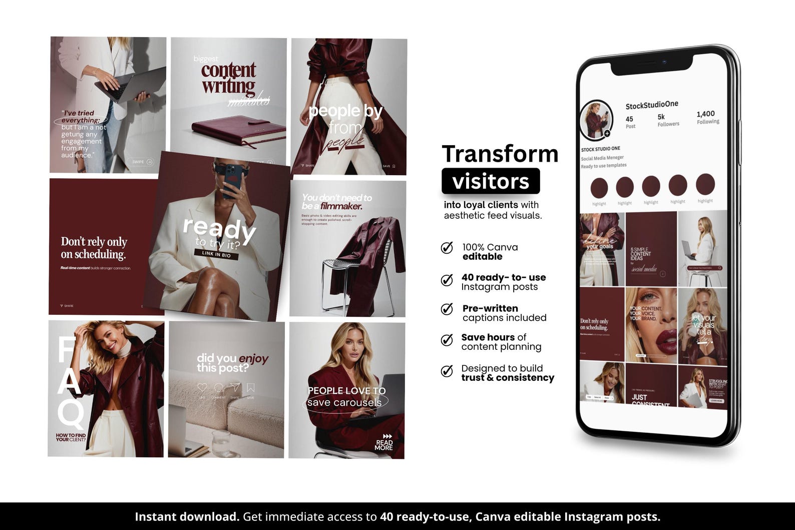 Instagram Canva Templates Burgundy |social Media Manager and Content ...