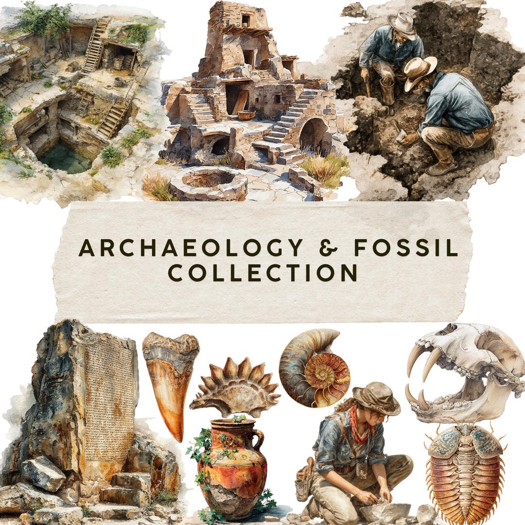 Archaeology & Fossil Watercolor Clipart Set – 35 Illustrations, Natural ...