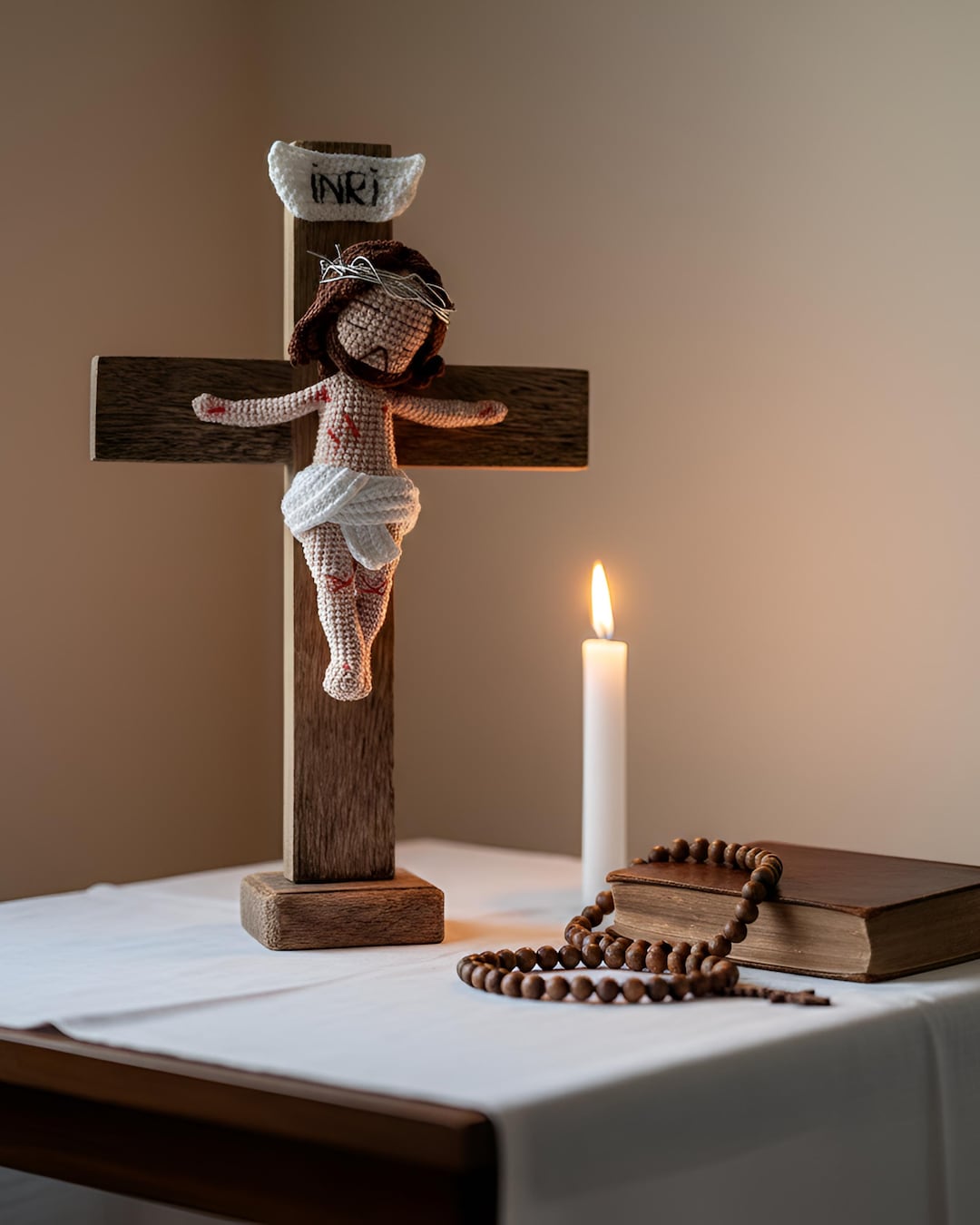 Handmade Crochet Jesus Crucifix Statue, Catholic Holy Cross Wool Figure ...