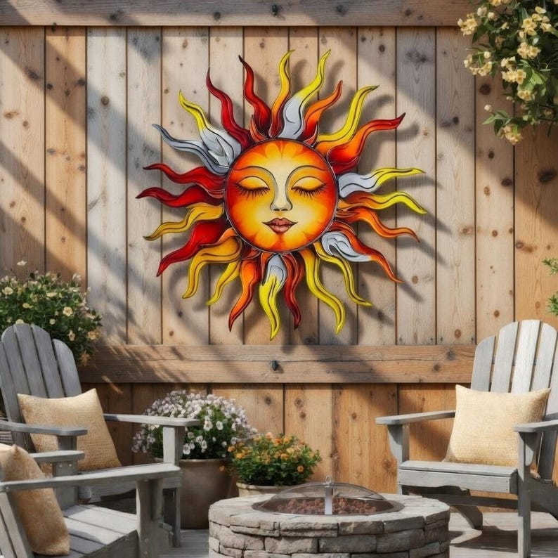 Sun Metal Wall Art Colorful Outdoor Decor Sun Face Wall Hanging Garden ...