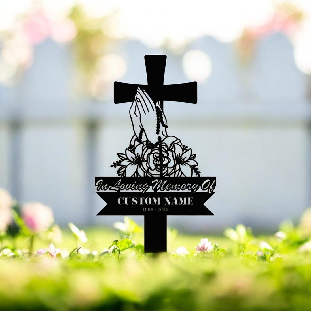 Custom Cross With Praying Hands Memorial Stake, Metal Grave Marker ...