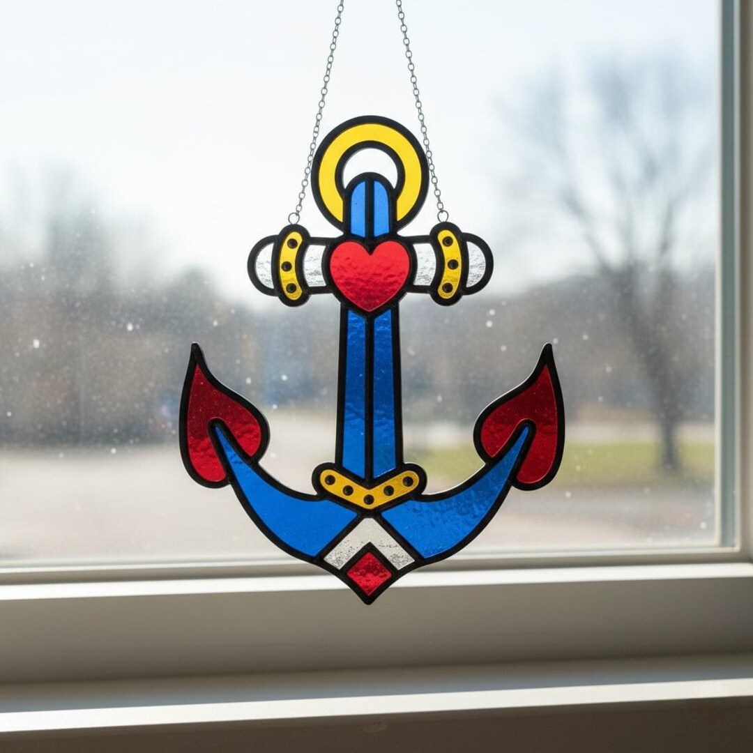 Stained Glass Anchor With Heart Suncatcher | Nautical Themed Window ...