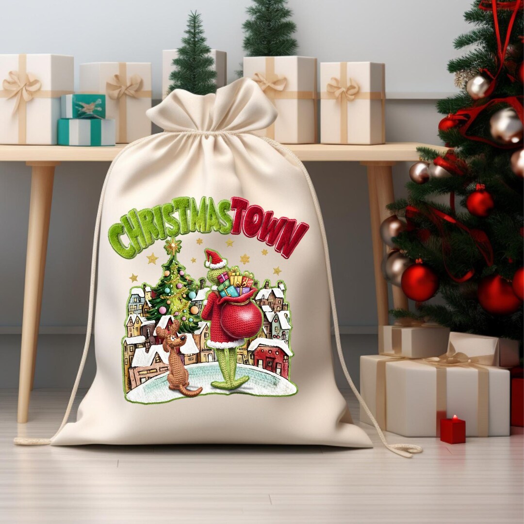 Christmas Town Grinch Christmas Sacks, Grinchmas Santa Sack, Canvas ...
