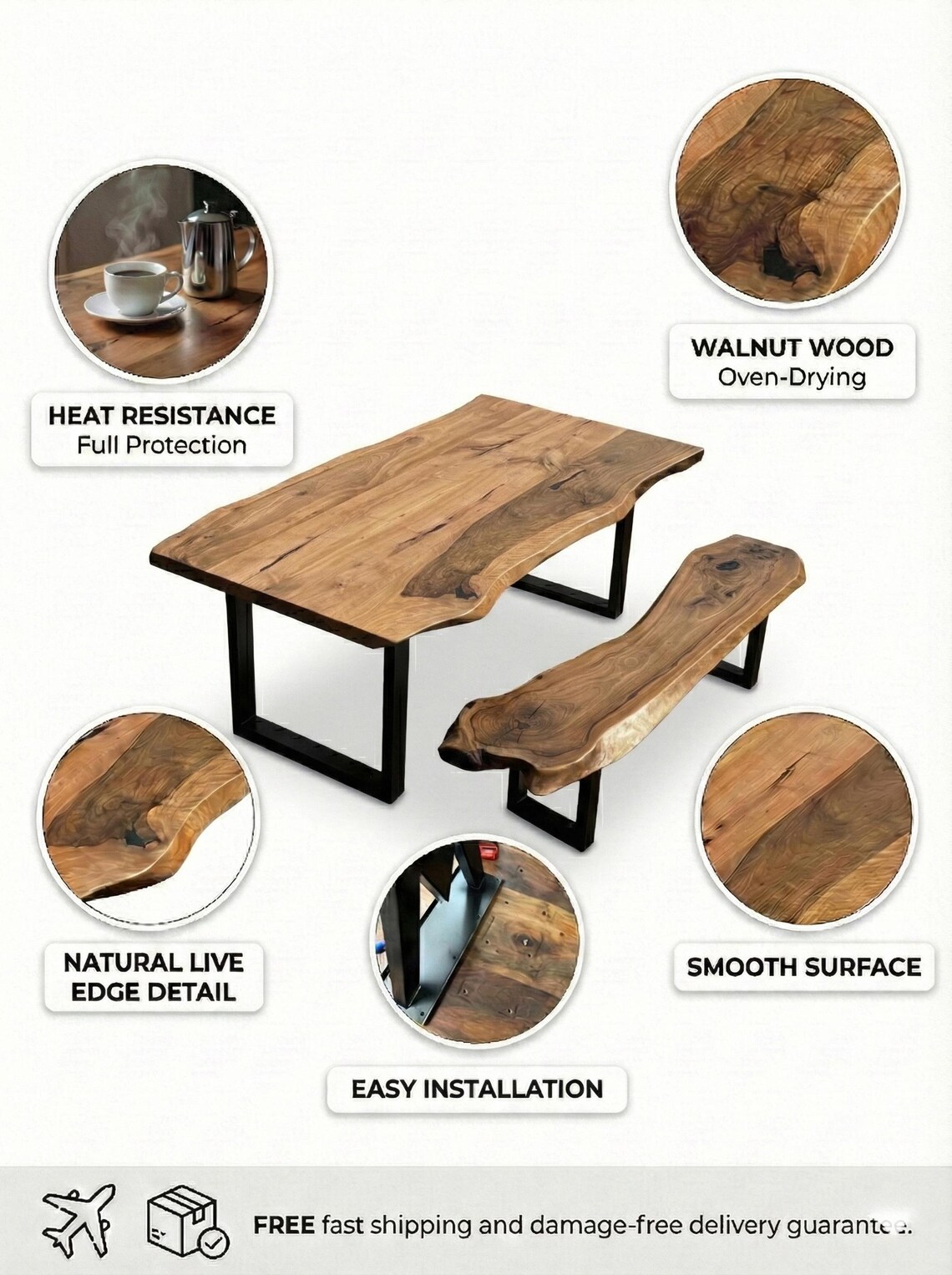 Light-colored Natural Edge Walnut Wood Kitchen Table, Table and Bench ...