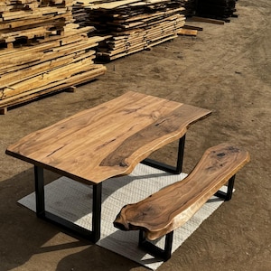 Light-colored Natural Edge Walnut Wood Kitchen Table, Table and Bench ...