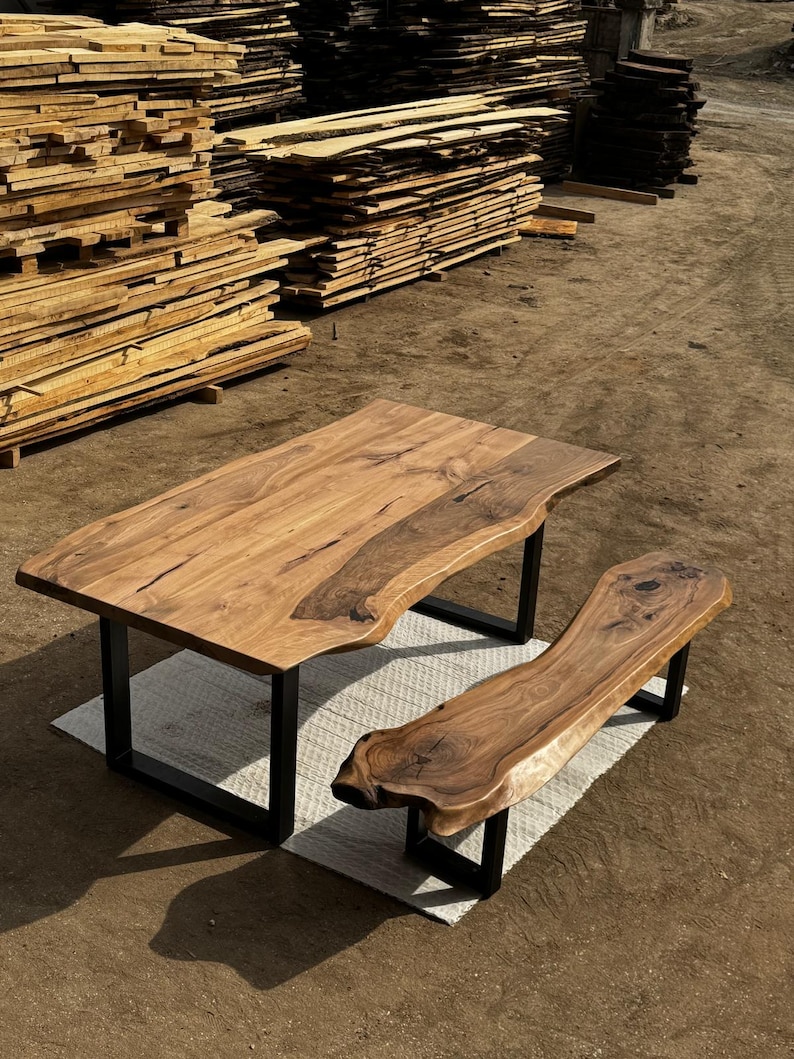 Light-colored Natural Edge Walnut Wood Kitchen Table, Table and Bench ...