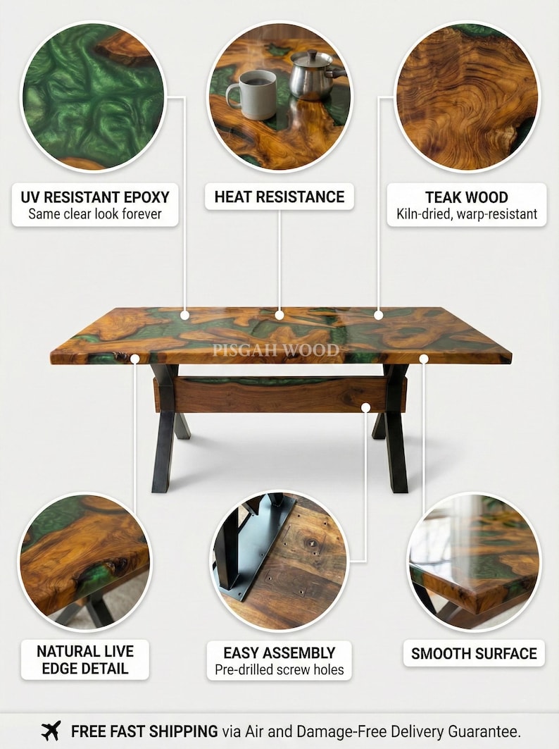 Custom Teak Wood Epoxy Dining Table, Green Resin River Table, Live Edge ...
