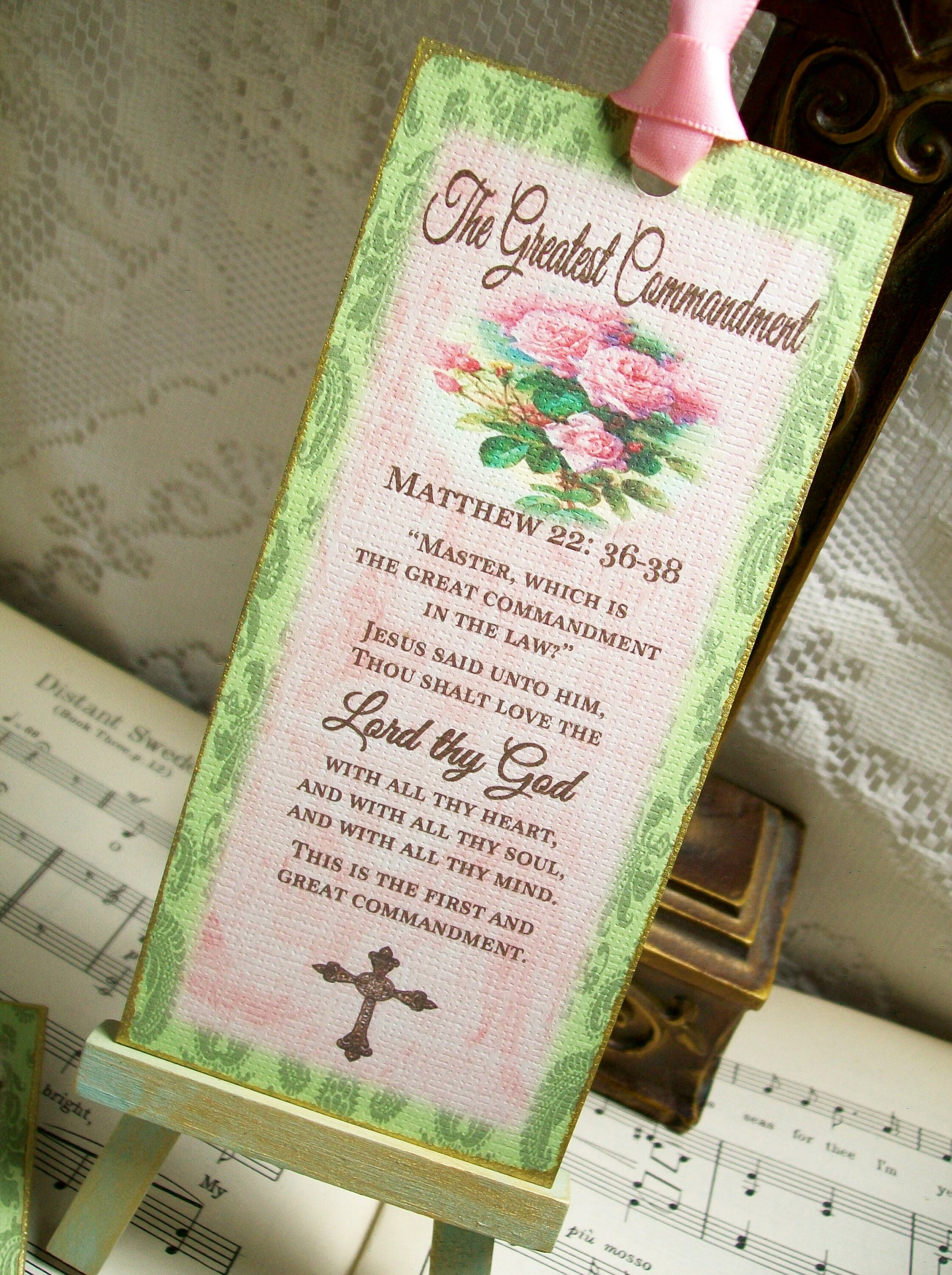 Handmade Christian Bookmarks Pink and Green Matthew 22:36-38 | Etsy