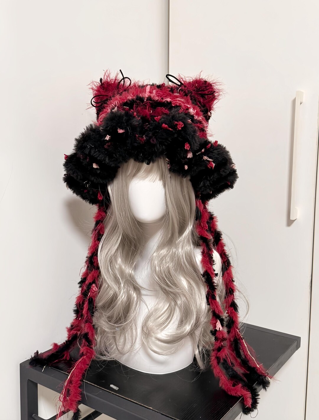 Handmade Red and Black Seraph Cat Ear Beanie, Fluffy Distressed Crochet ...