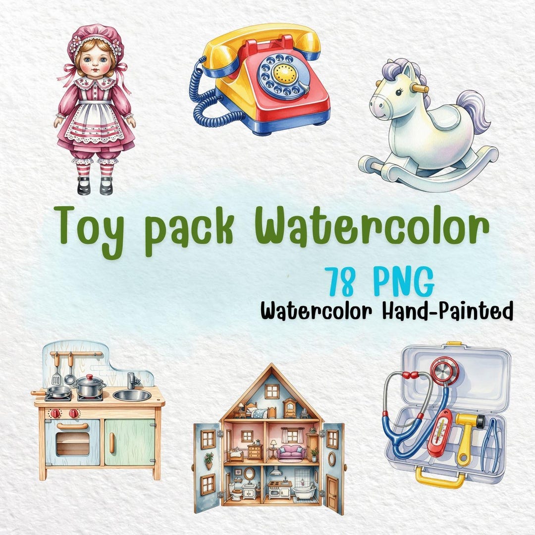 Watercolor Kids Toys Clipart: 78 PNG Illustrations (digital Download ...