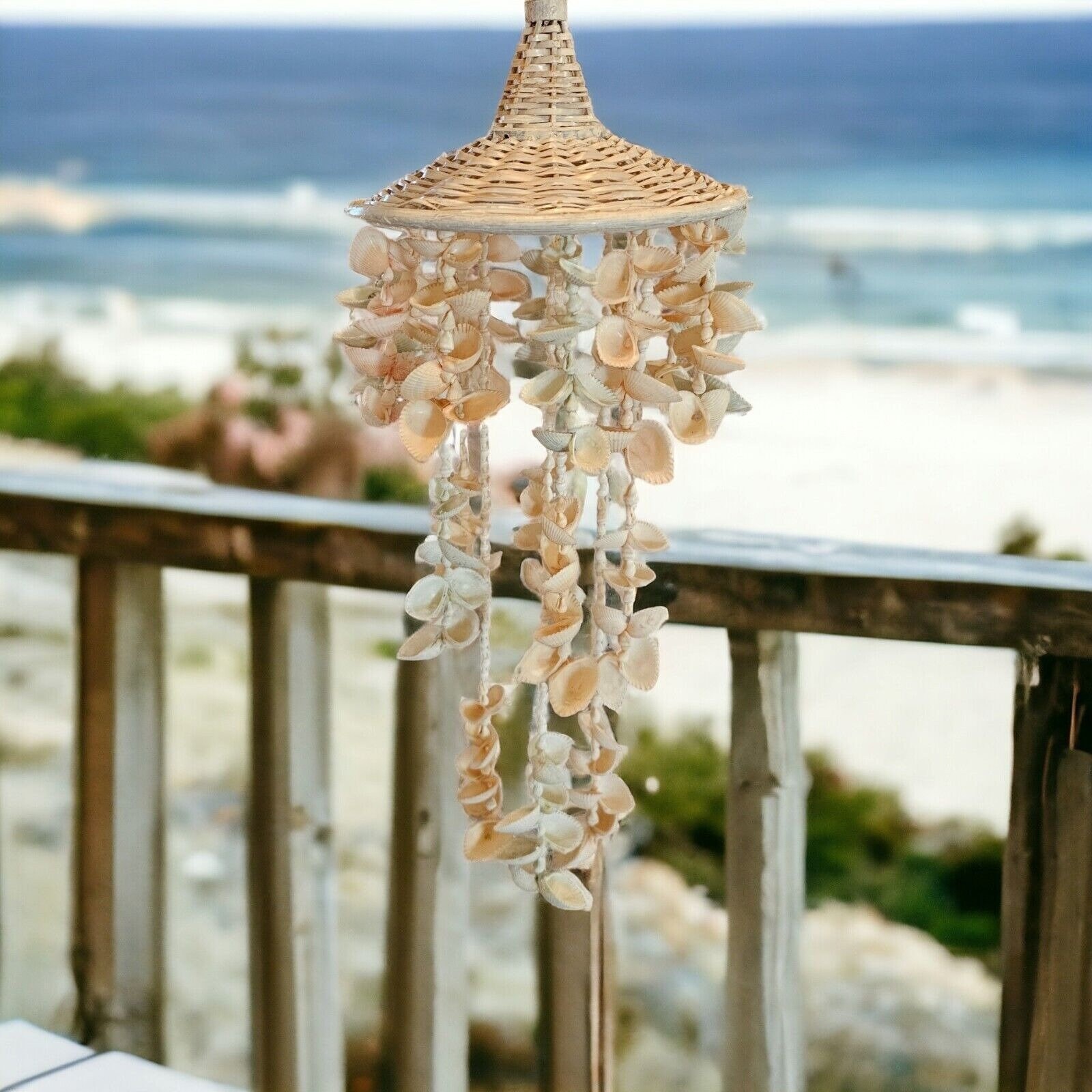 White Sea Shell Hanger Wind Chime Decor Beach House Boho Ocean Wicker ...