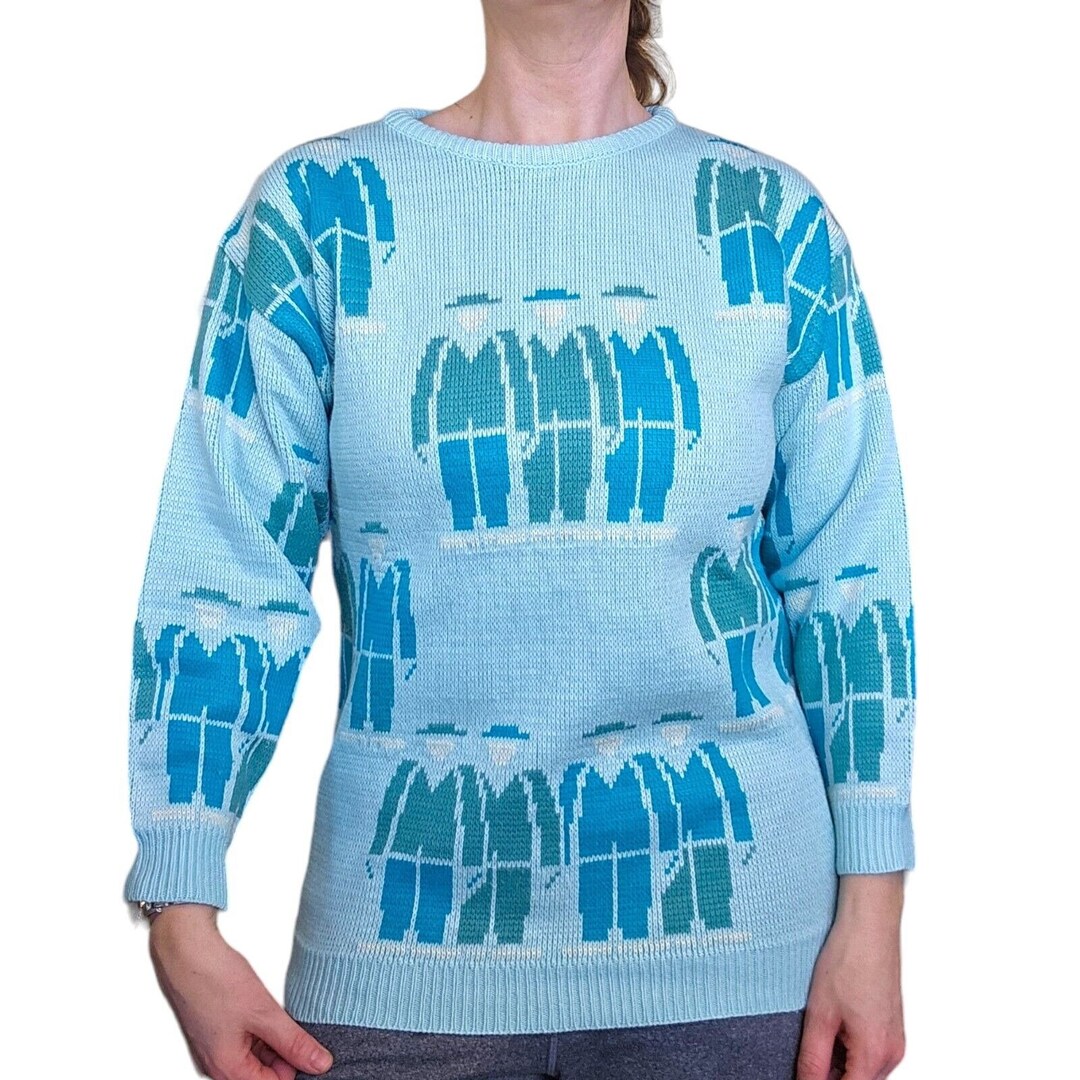 Retro 80s Small Light Blue Novelty Amish Men Print Sweater Pullover ...