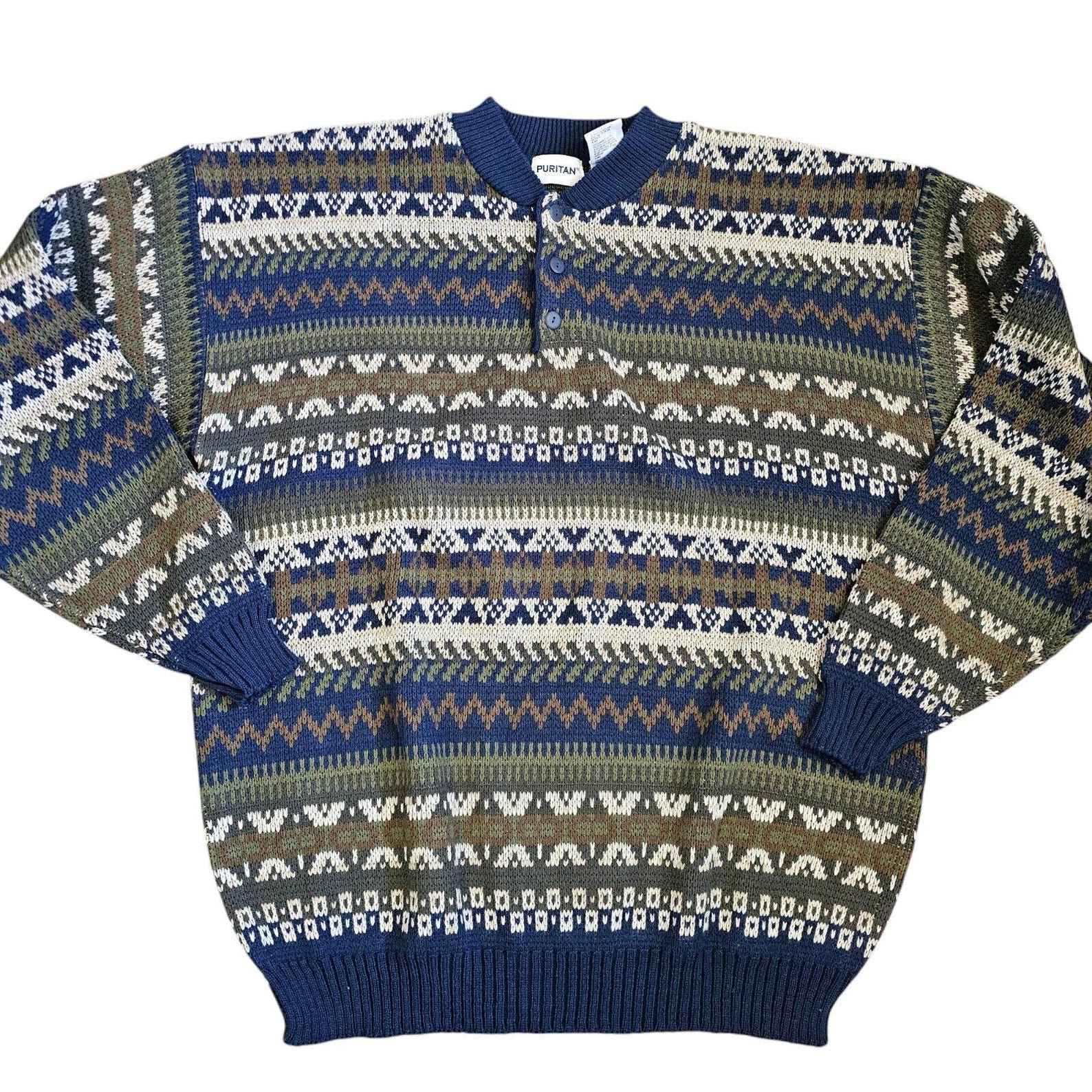 Y2K Mens 2X Chunky Knit Henley Sweater Fair Isle Navy Striped Zig Zag ...