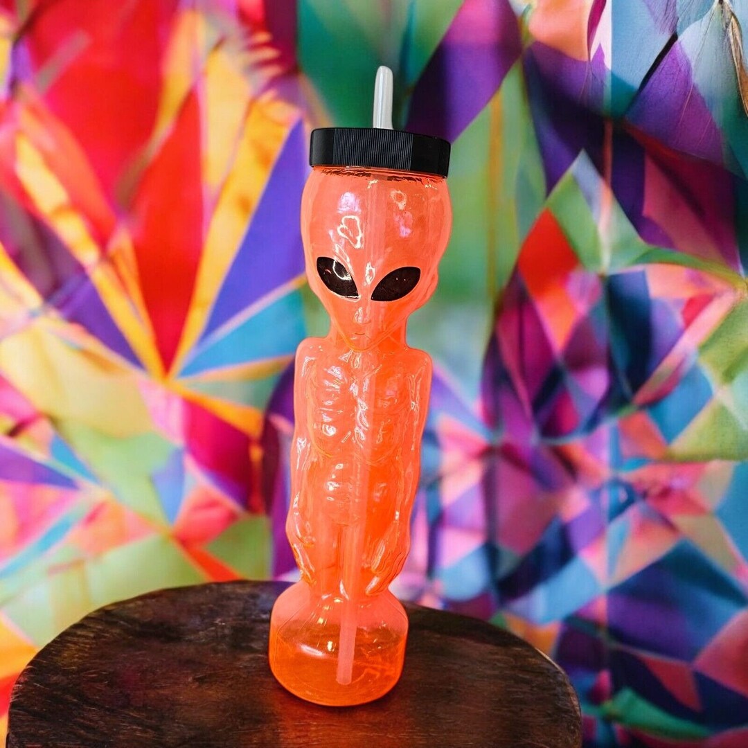 Neon Pink Plastic ALIEN Drinking Bottle Tumbler Sippy 12.5” 90s VTG U.C ...