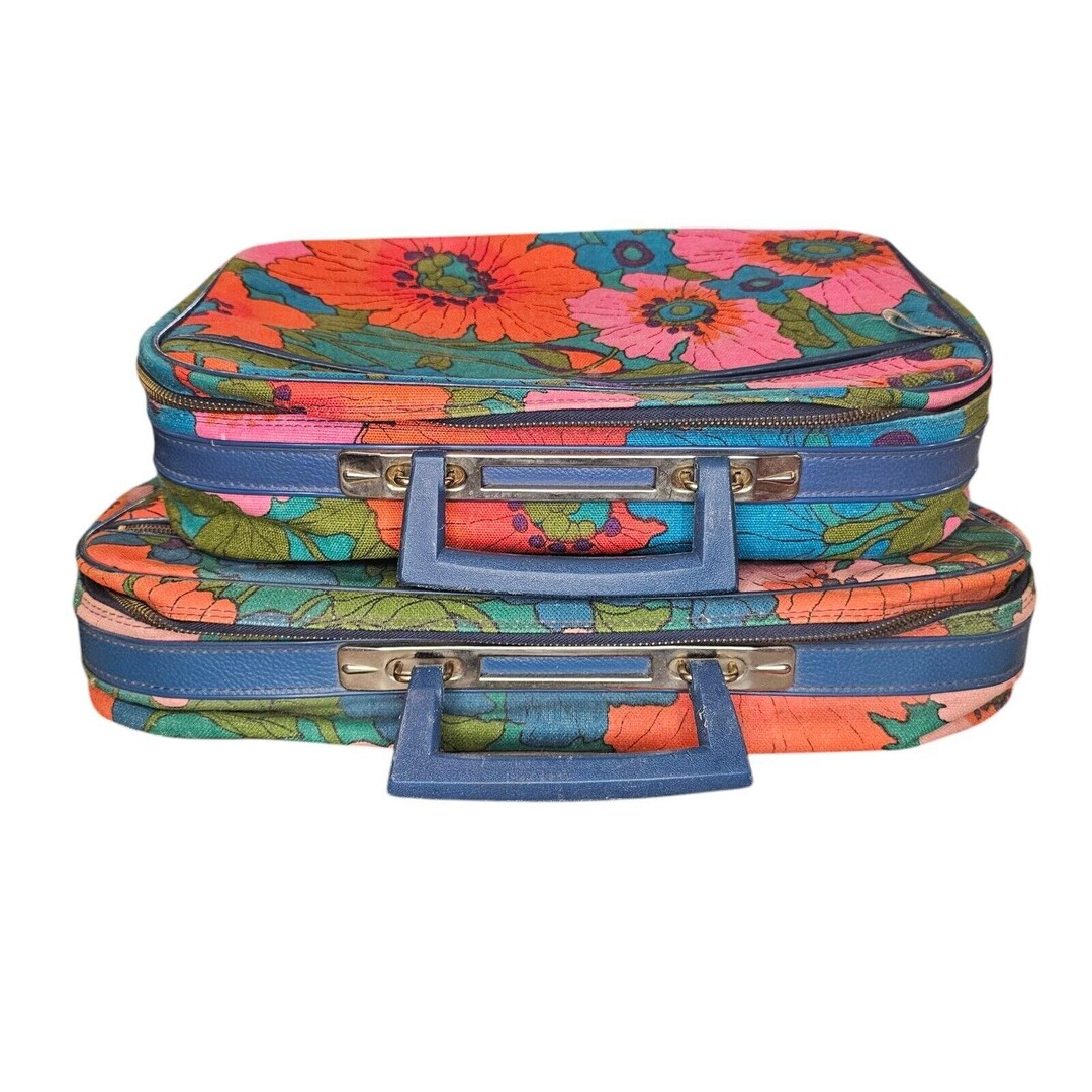 Set of 2 VTG 70s Bantam Travelware Fabric Suitcase Luggage Floral Bag W ...