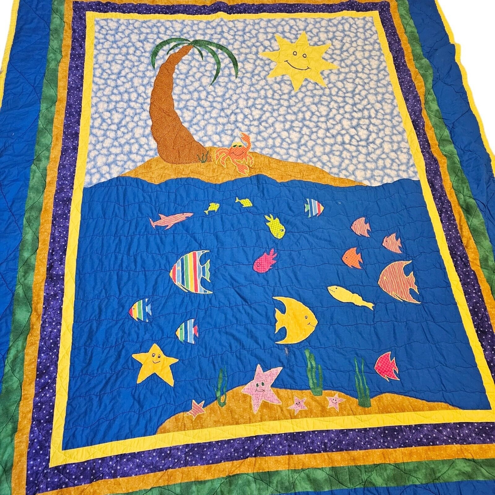 90s Beach Themed Tropical Kids Quilt Ocean Fish Appliques Full Size ...