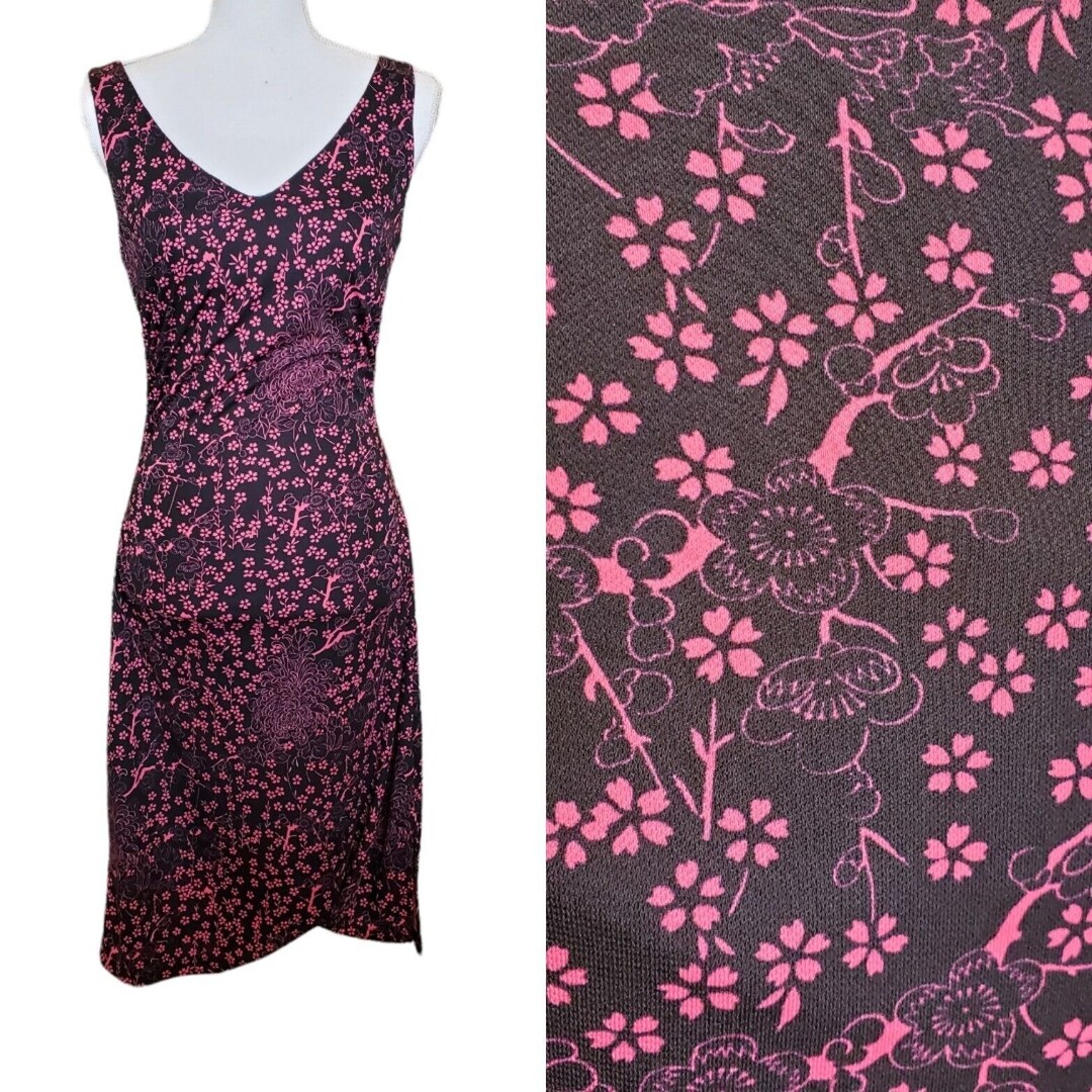 Vintage Y2K BCBG Paris Black Pink Floral Midi Dress Sleeveless Fitted ...