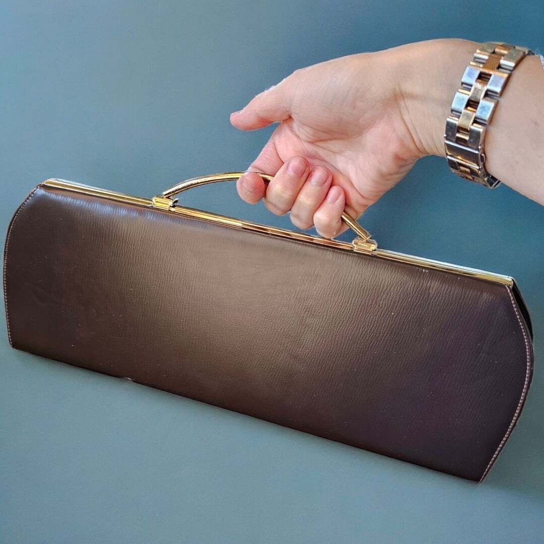Vintage 60s Brown MCM Mod Handbag Clutch Faux Leather Vinyl Minimalist ...