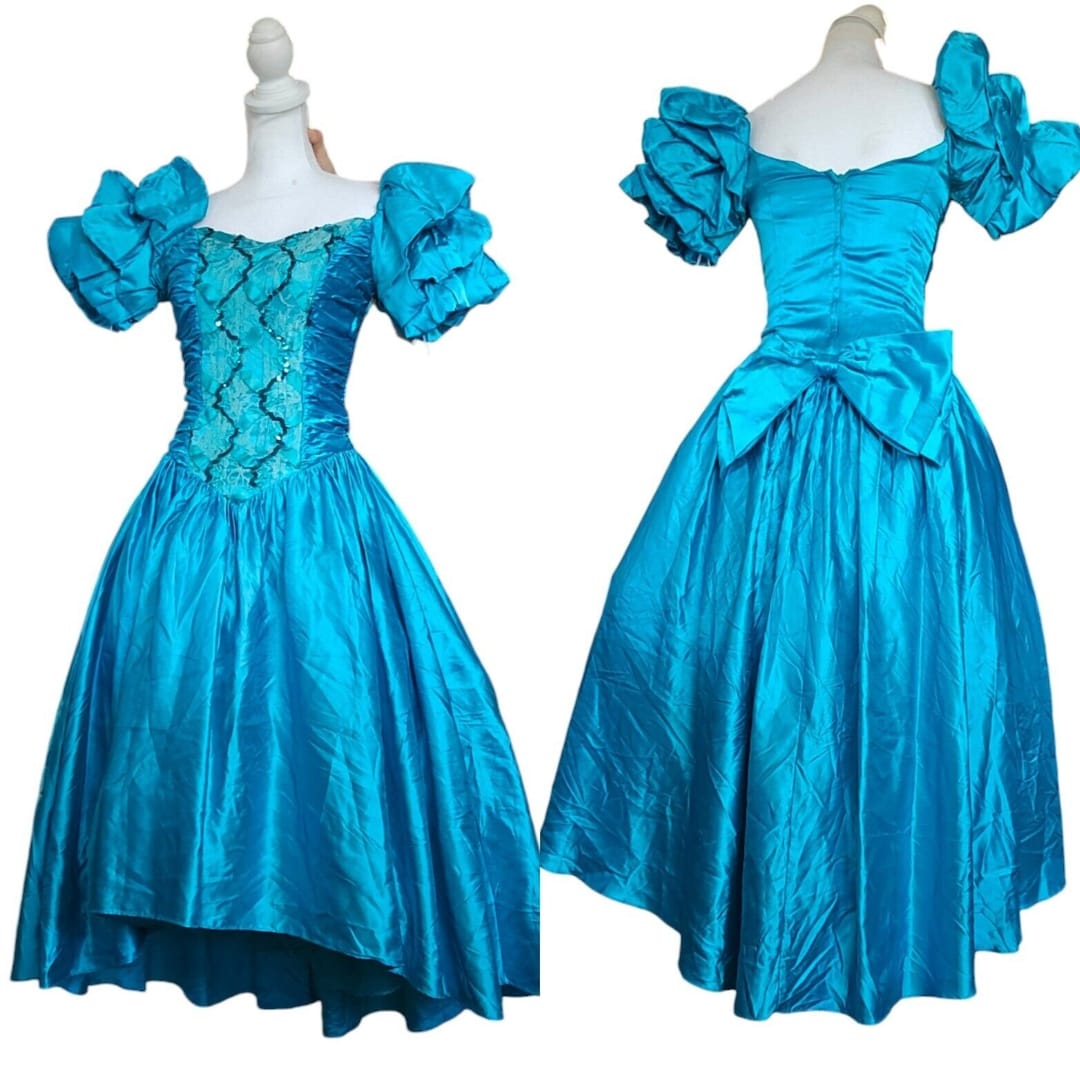 80s Womens 2 4 Teal Blue Prom Dress Sequins Puff Sleeve Taffeta Formal ...