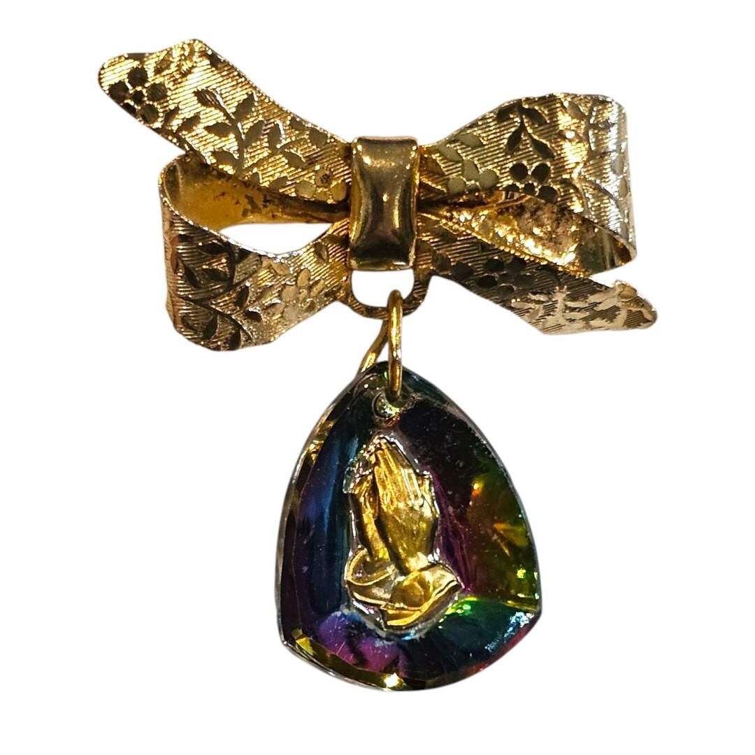 Religious Celestial Church Praying Hands Pin Brooch Gold Bow Aurora ...