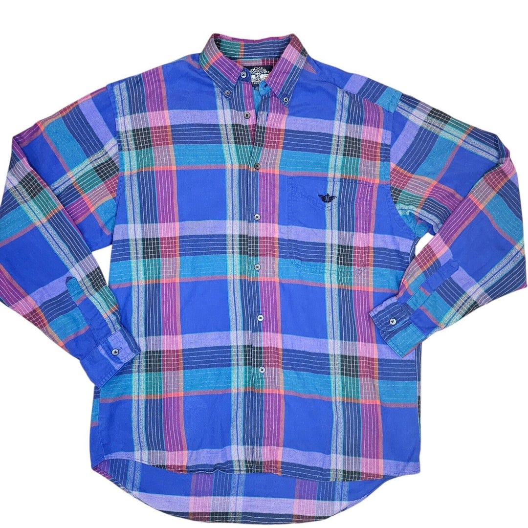 90s Mens Medium Thin Flannel Plaid Button up Shirt Blue Pink Preppy ...