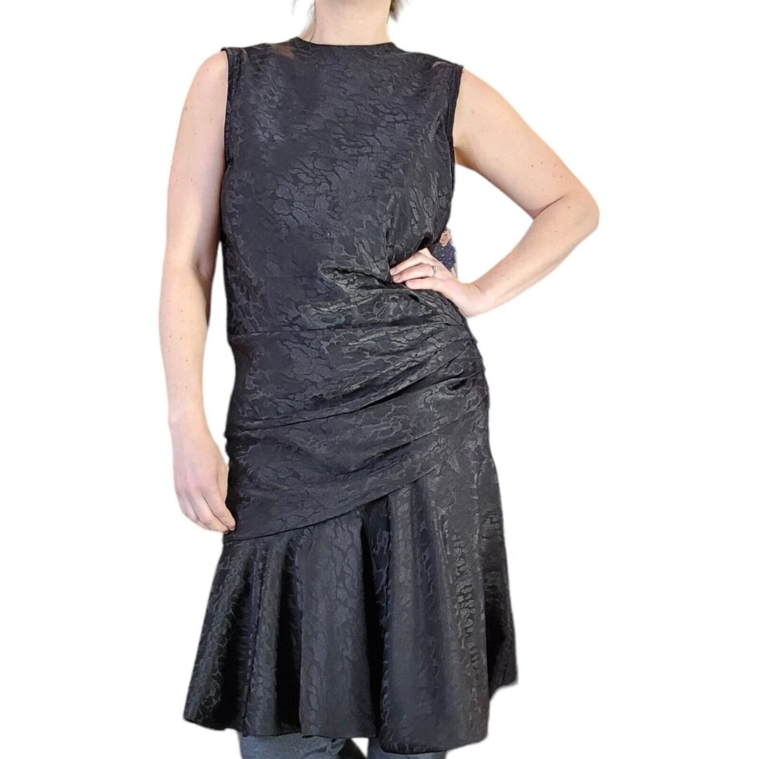 Retro 80s M Black Satin Drop Waist Ruched Sleeveless Dress Knee Length ...
