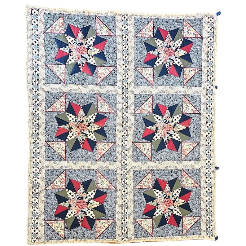 Vintage 90s Hand Stitched Star Quilt Tapestry Wall Hanging Blue Roses ...