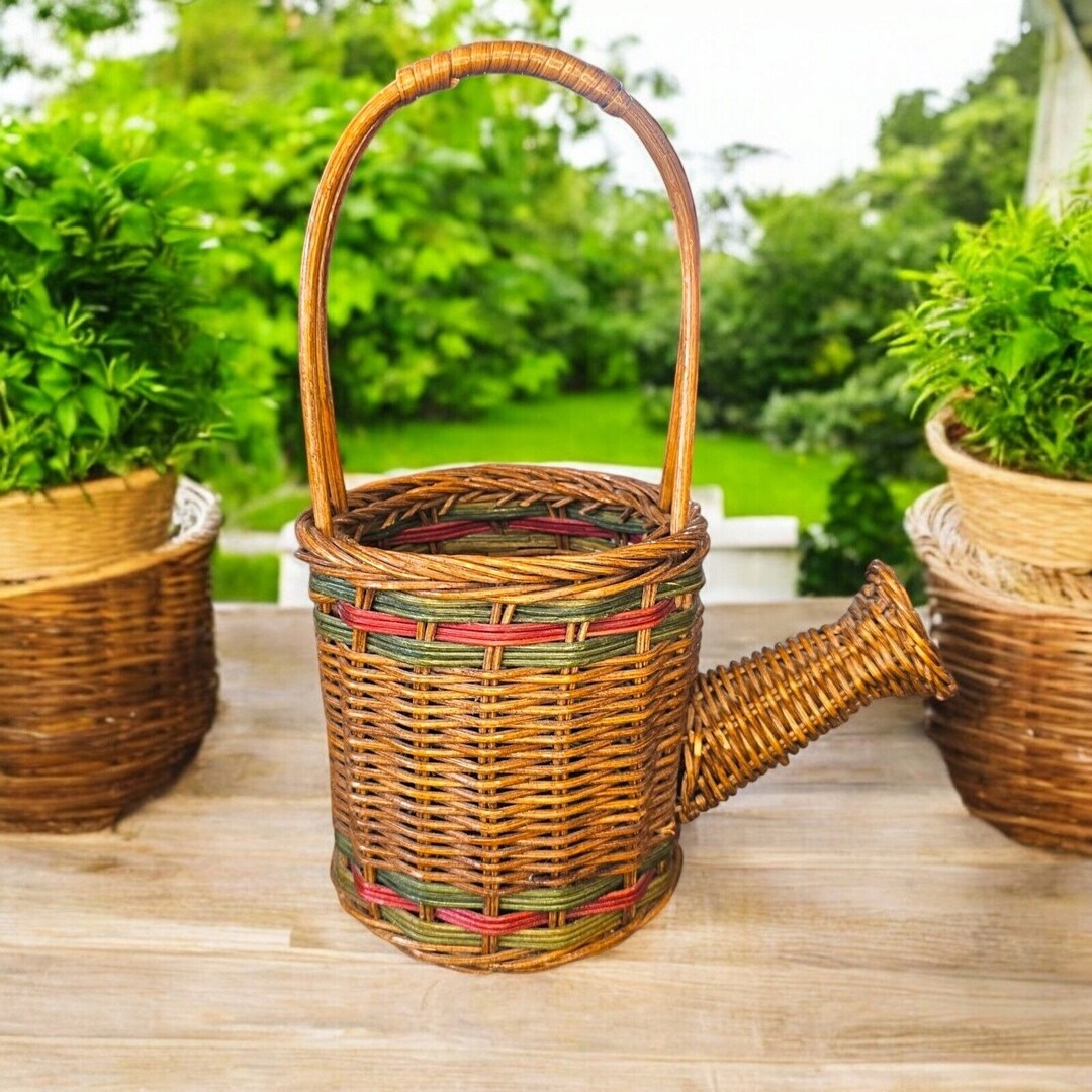 Vintage 90s Brown Wicker Basket Watering Can 11" With Handle Country ...