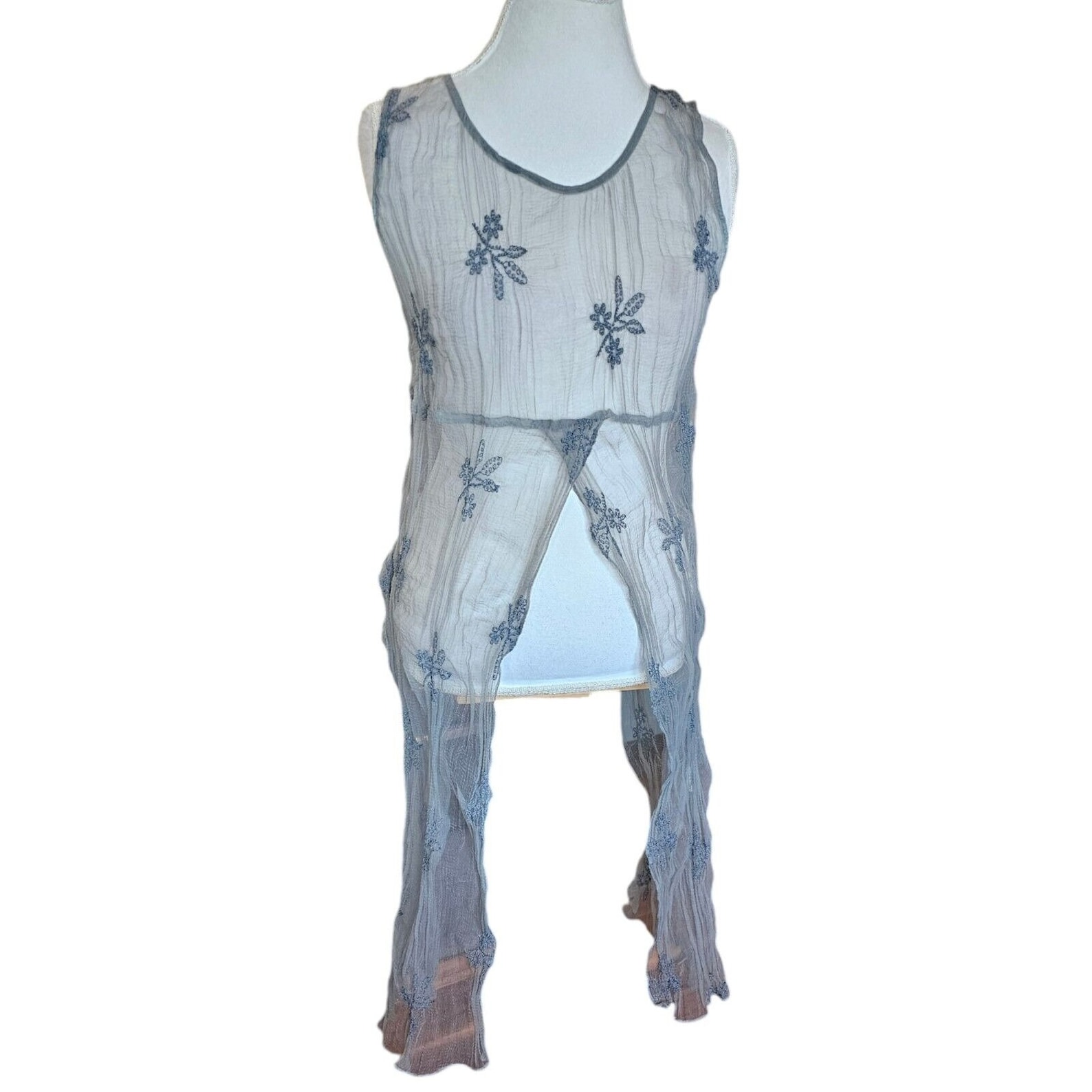 Vintage 90s Sheer Split Tank Tunic Embroidered Sage Green S/M Festival ...