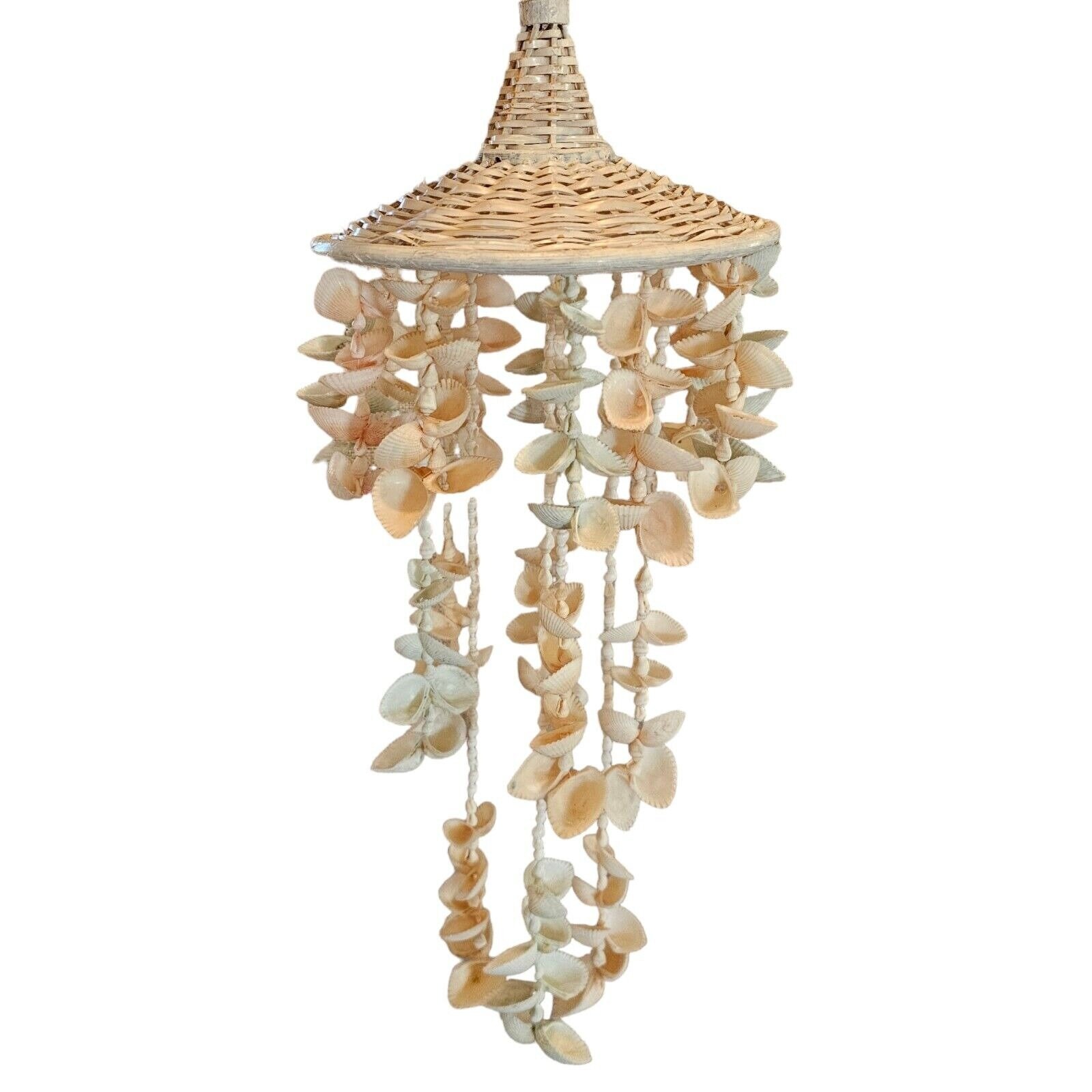White Sea Shell Hanger Wind Chime Decor Beach House Boho Ocean Wicker ...