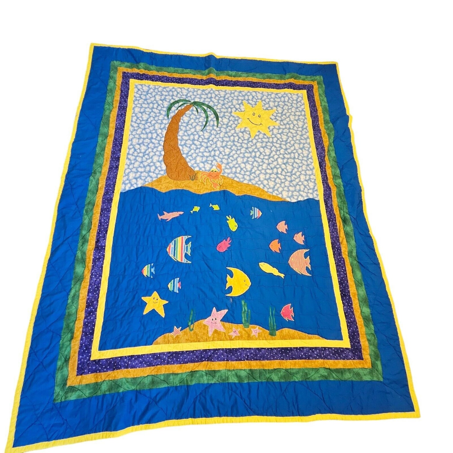 90s Beach Themed Tropical Kids Quilt Ocean Fish Appliques Full Size ...