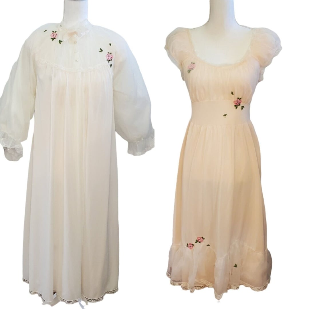 Vintage 60s XS Bridal Nylon Gown Robe Pegnoir Pale Pink Flowers Set ...