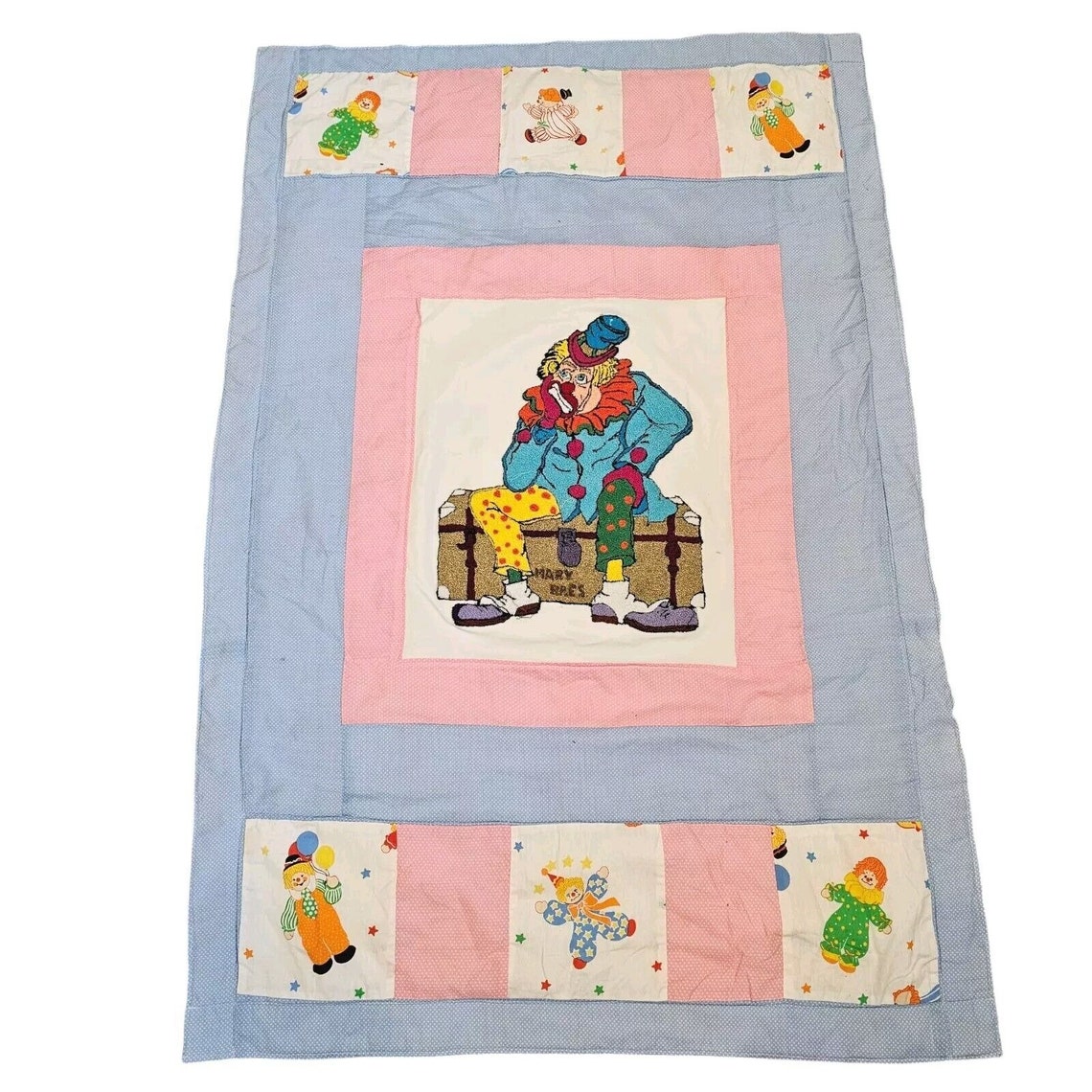 Vintage 80s Clown Kids Quilt Patchwork Applique 40x60 Baby Tummy Time ...