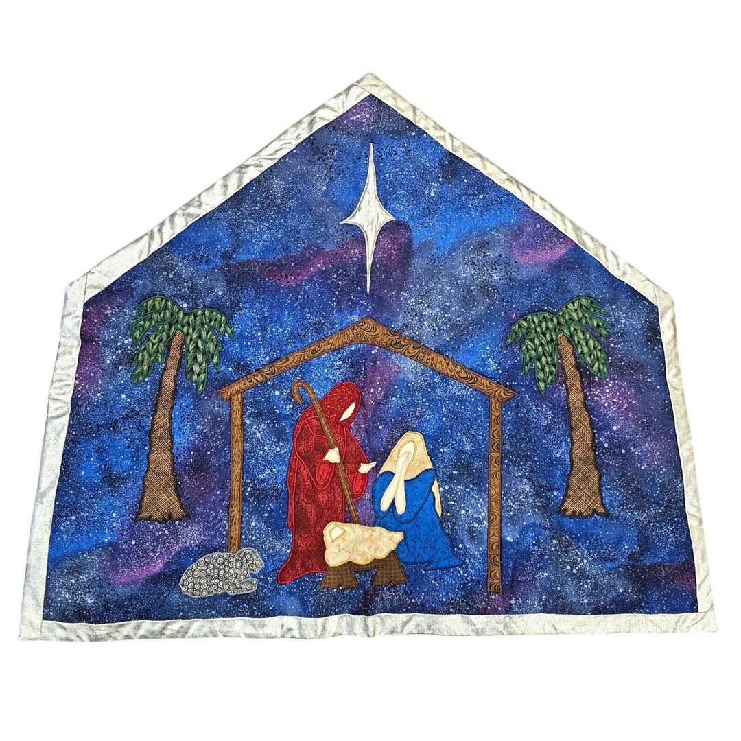 Vintage Handmade Nativity Scene Christmas Quilted Tapestry 21x25 Silver ...