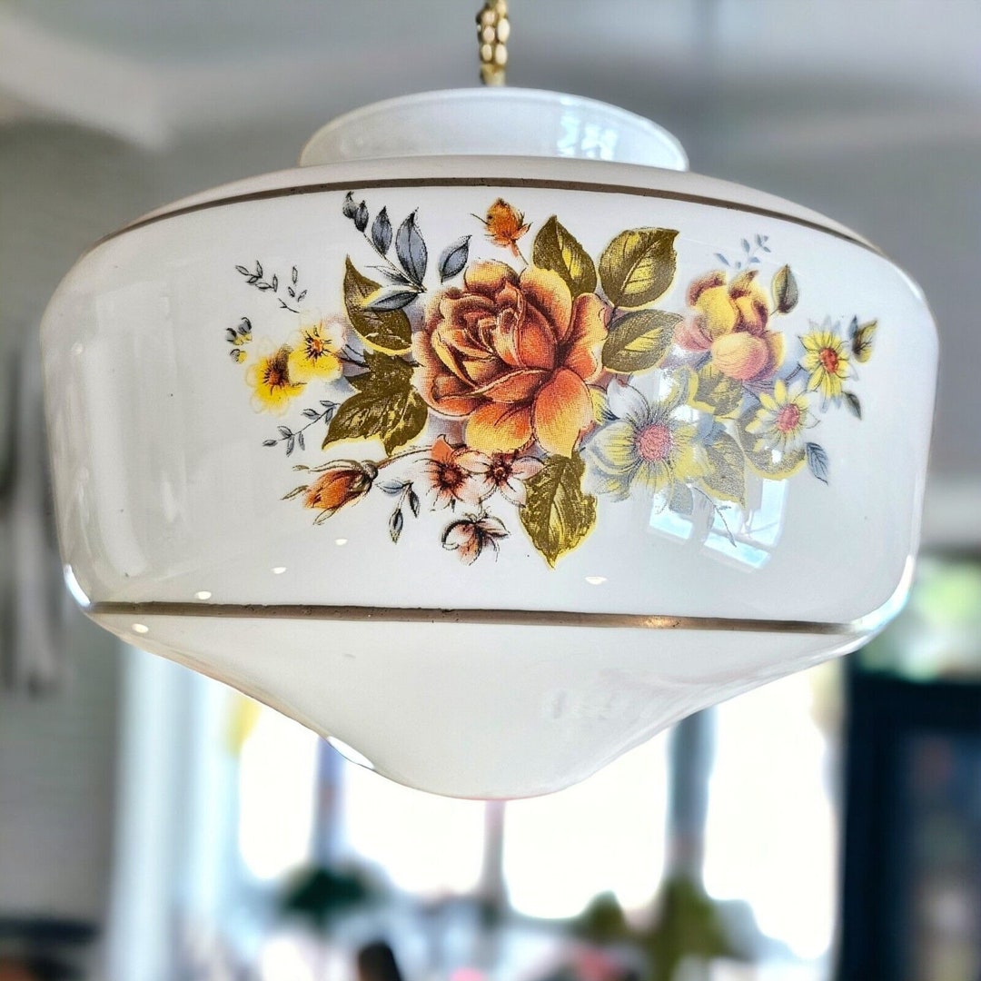 Vintage 70s 80s Floral Milk Glass Ceiling Fan Light Shade Cover Retro ...