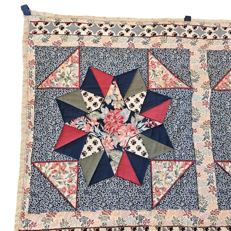 Vintage 90s Hand Stitched Star Quilt Tapestry Wall Hanging Blue Roses ...