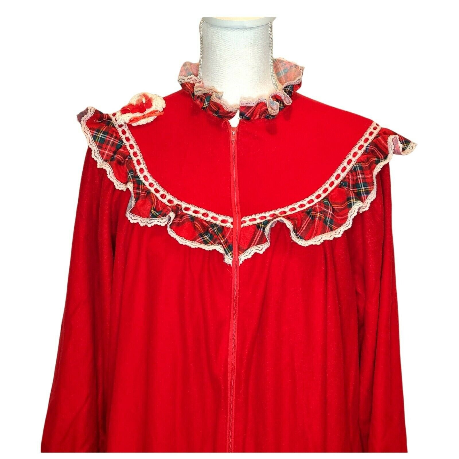 Vintage Christmas Velour Red Housecoat Robe Zip Front Long Plaid ...