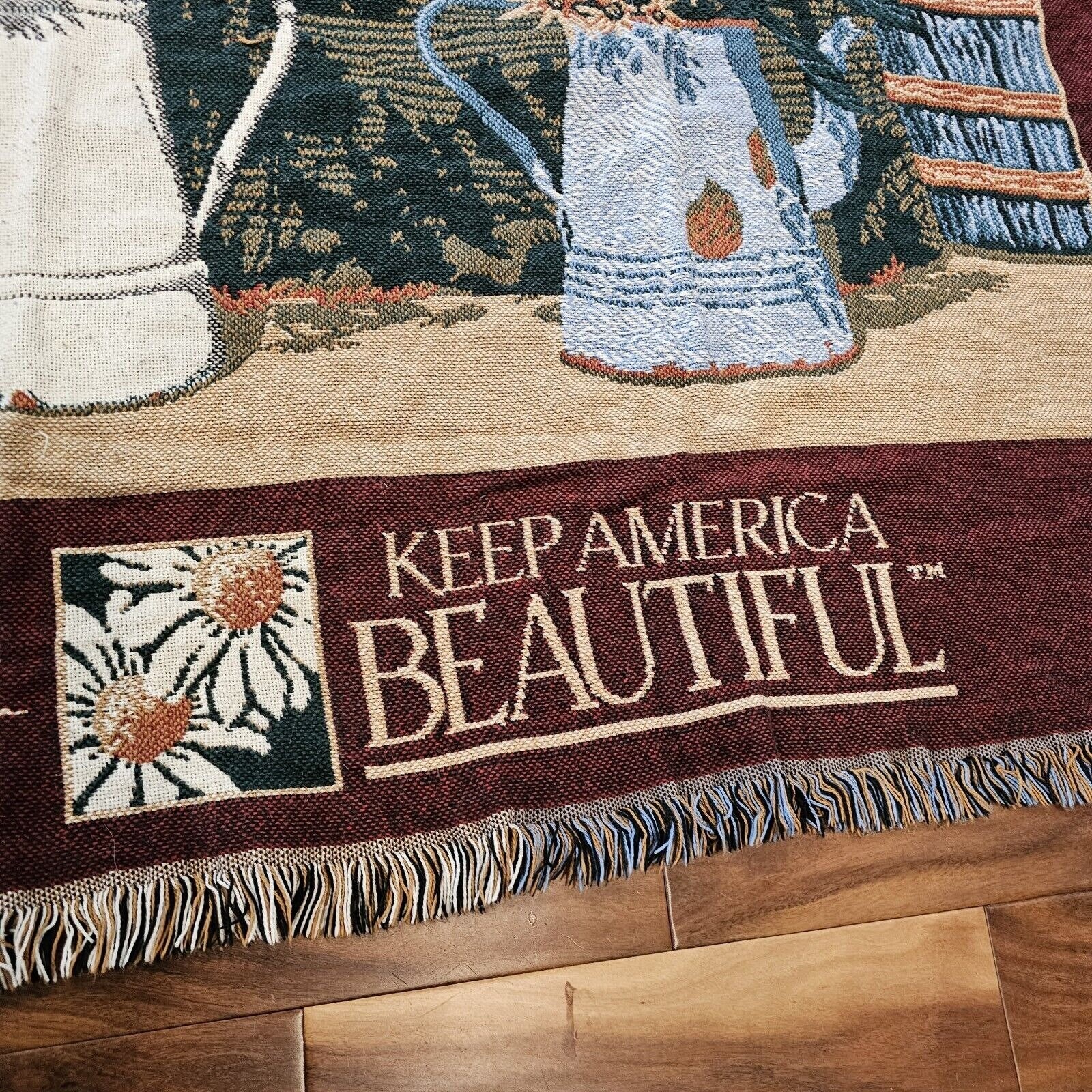 Vintage Bob Timberlake Primitive Fringe Throw Fall Flowers Water Cans ...