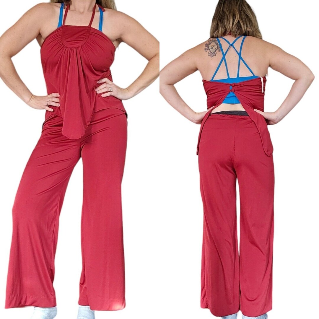70s S/M Disco Rust Red Orange Halter Flare Pants 2 Piece Outfit Set ...