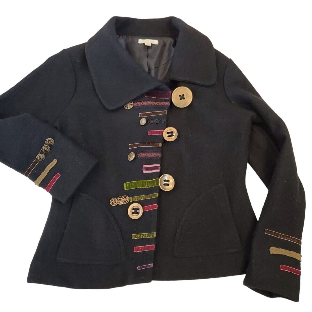Y2K Small Wool Artsy Jacket Black Big Buttons Boho Militia Style ...