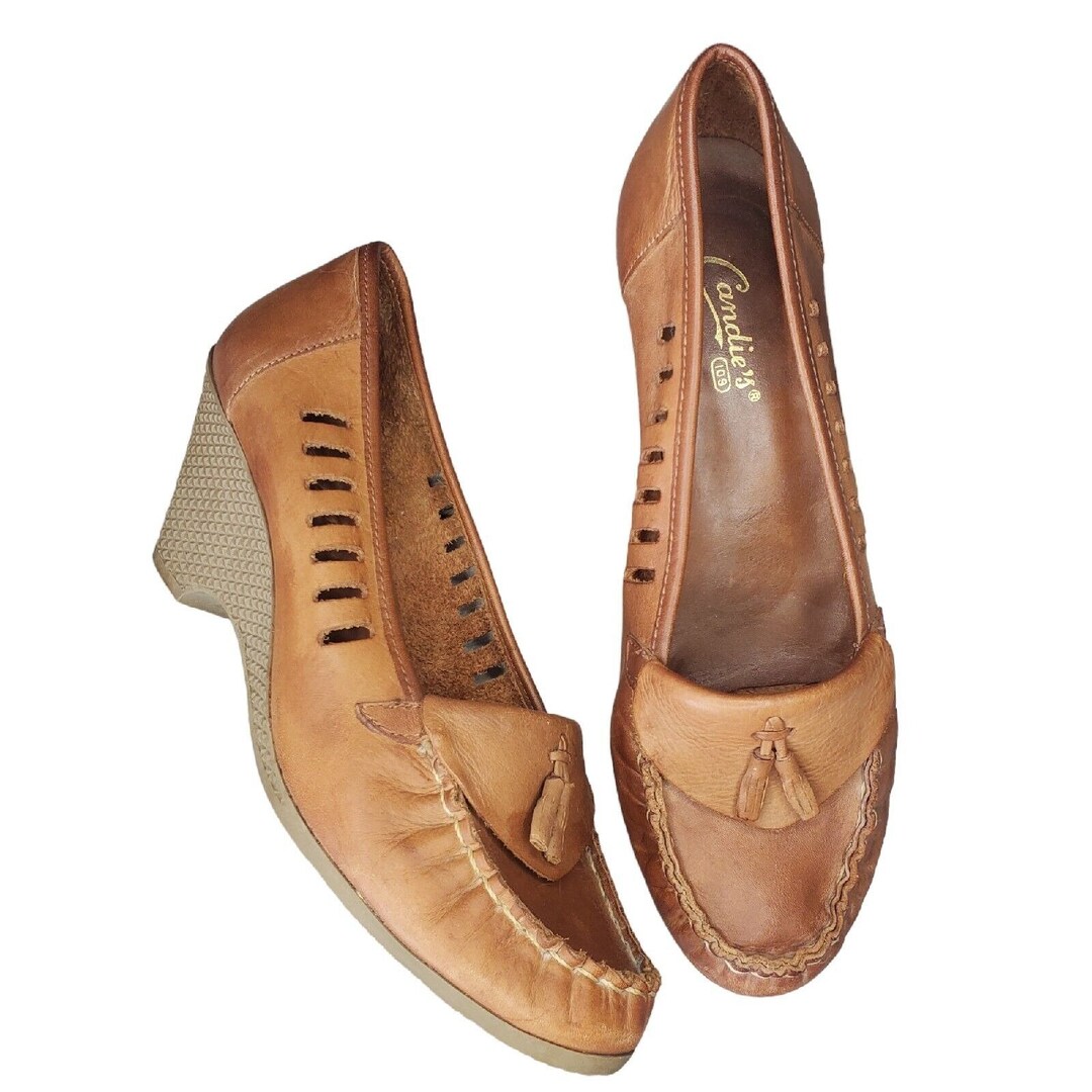 Vintage 80s Tan Cordovan Brown Leather Tassle Loafer Wedges Sz 10 ...