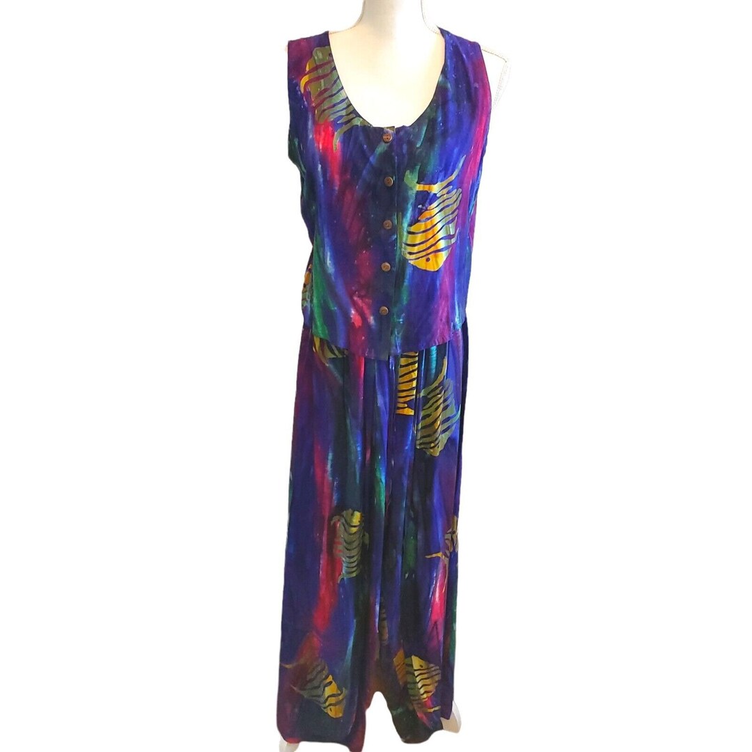 Vintage 90s Hawaiian Tropical Pants Set Multi-color Sz Small Rayon Wide ...