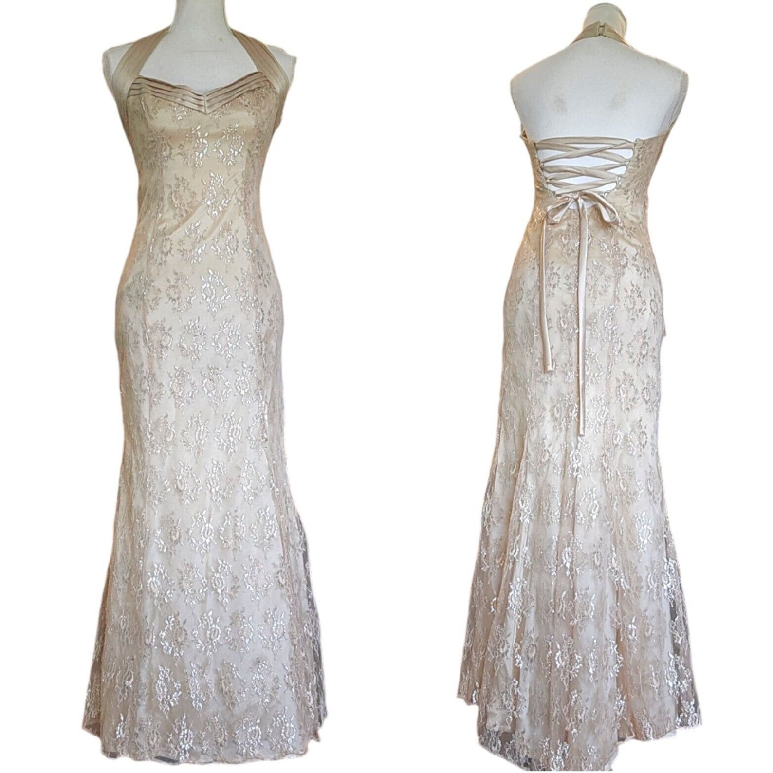 90s Zum Zum Cream Gold Halter Formal Gown Dress 3 4 Lace Satin Trim ...