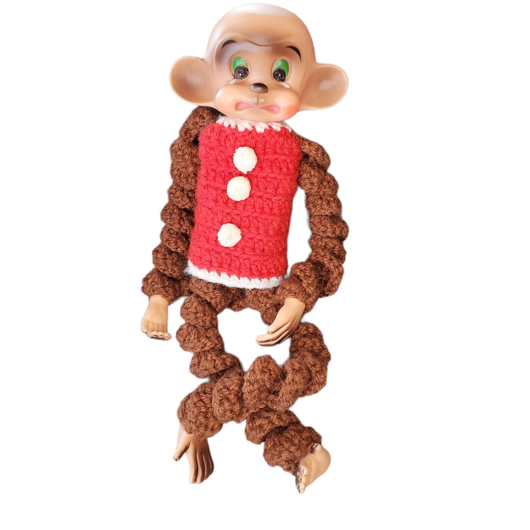 Vintage Rubber Face Sad Crying Monkey Knit Crochet Brown Green Eyes 15 ...