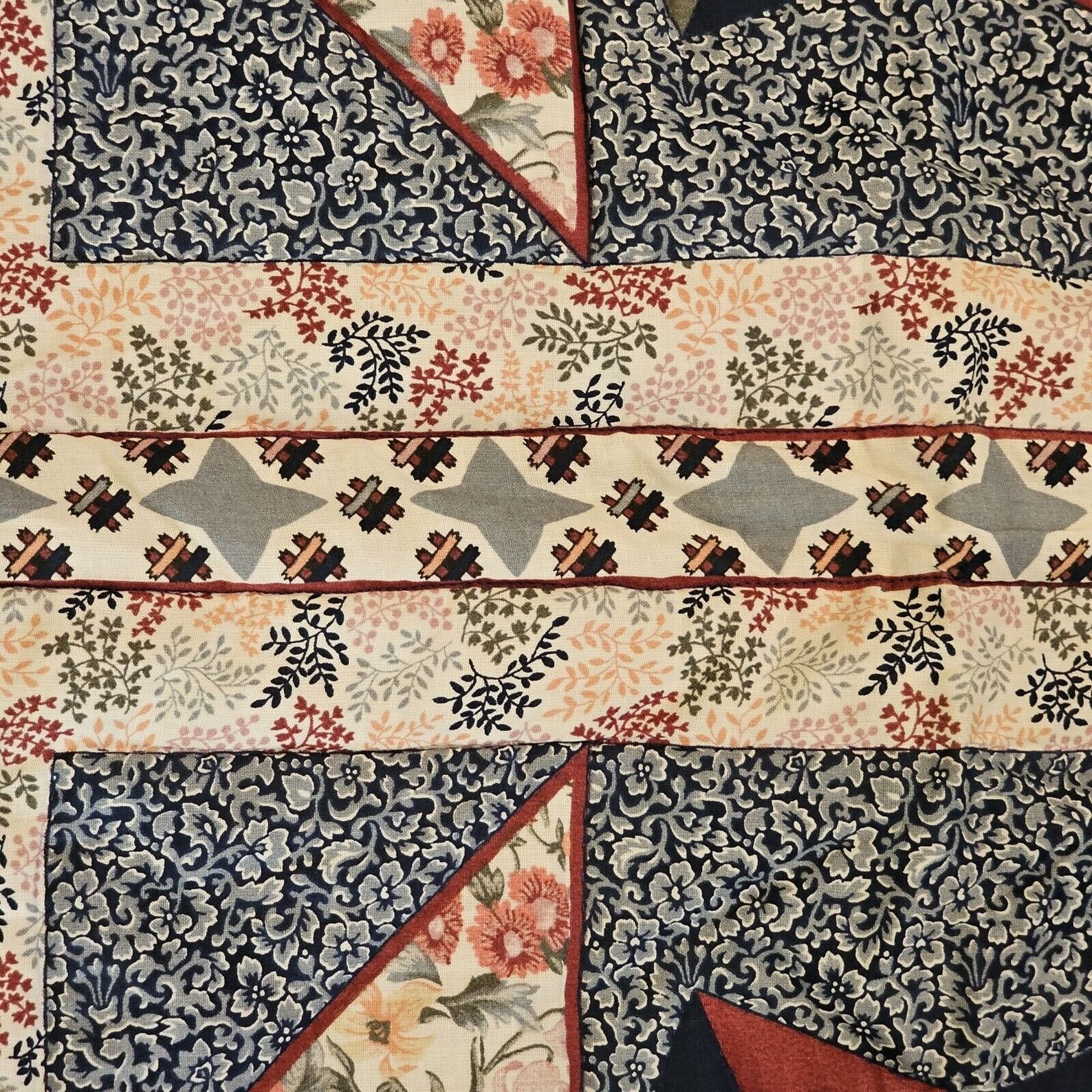 Vintage 90s Hand Stitched Star Quilt Tapestry Wall Hanging Blue Roses ...
