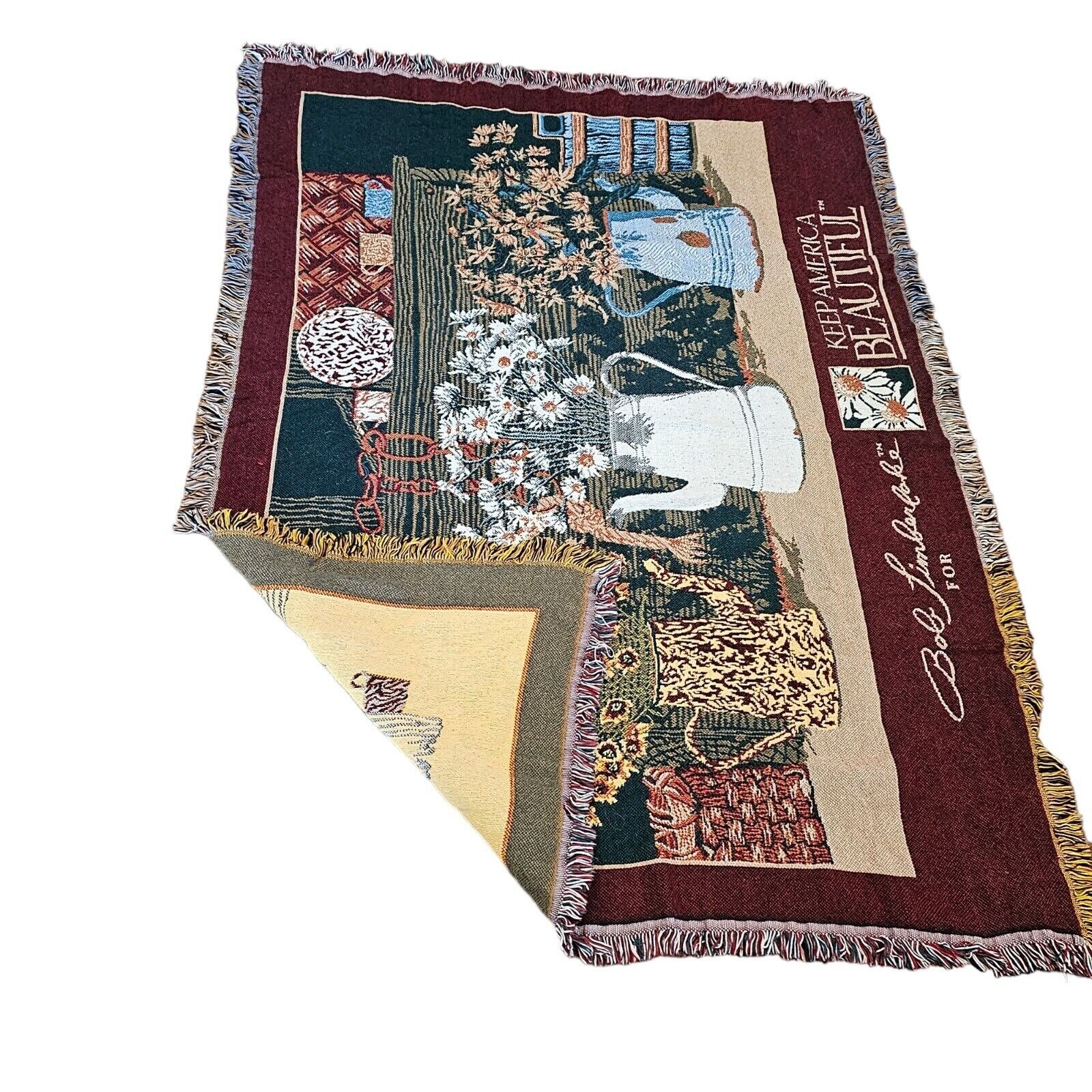 Vintage Bob Timberlake Primitive Fringe Throw Fall Flowers Water Cans ...