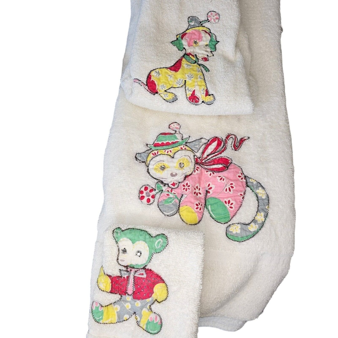 VTG Retro Kitschy Applique Animals 3 Pc Bath Towel Hand and Washrag Set ...