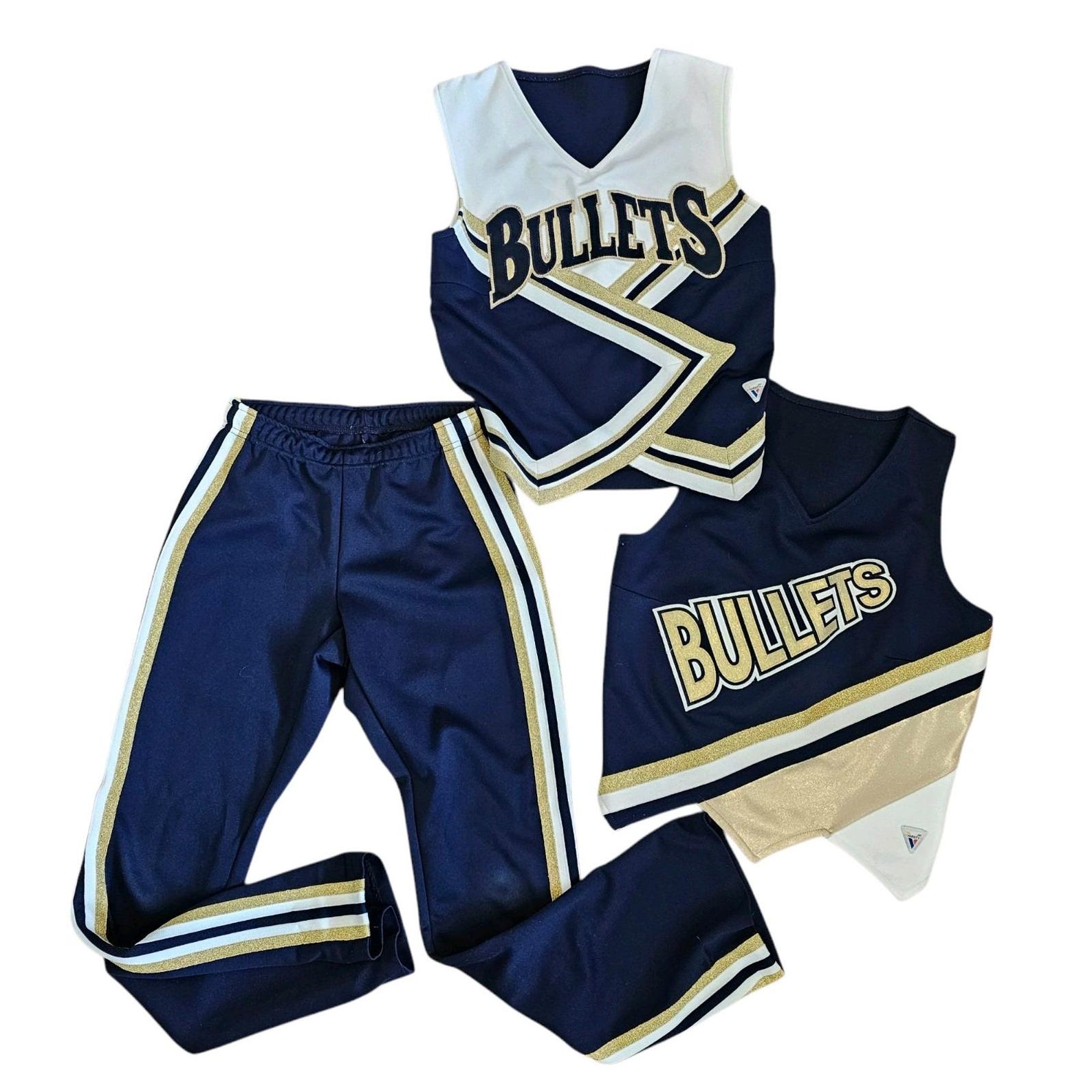 Vintage 90s Cheerleader Uniform Bootcut Pants 2 Tops Bullets Blue Gold ...