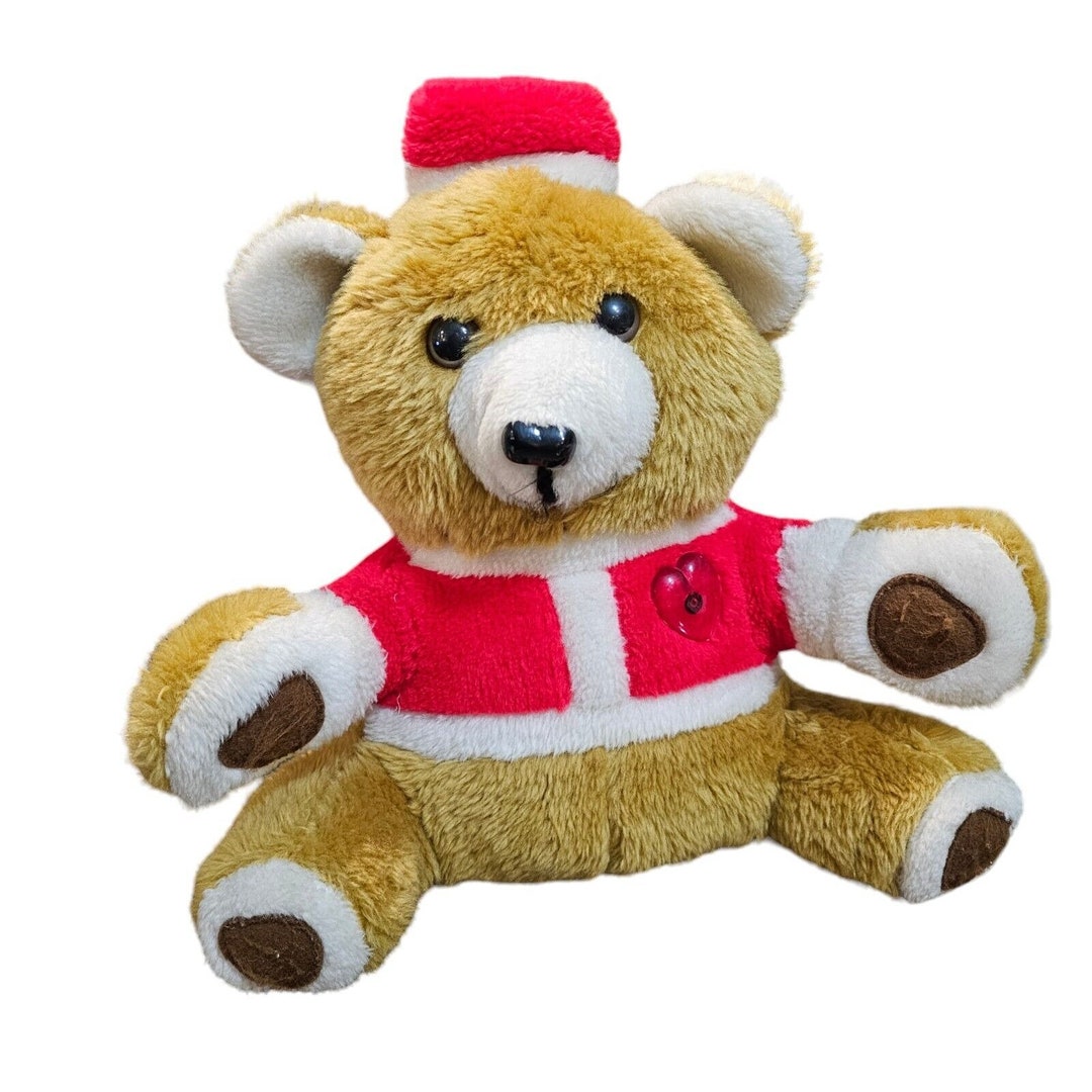 VTG 80s Musical Christmas Teddy Bear Stuffed Animal Plush Heart Lights ...