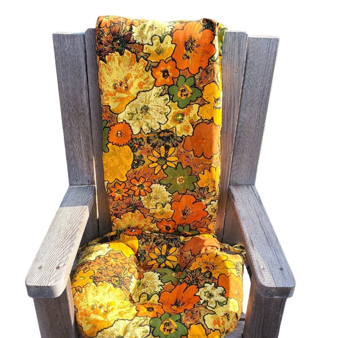 Vintage 60s Retro Floral Rocking Chair Padded Cushion Orange Yellow ...